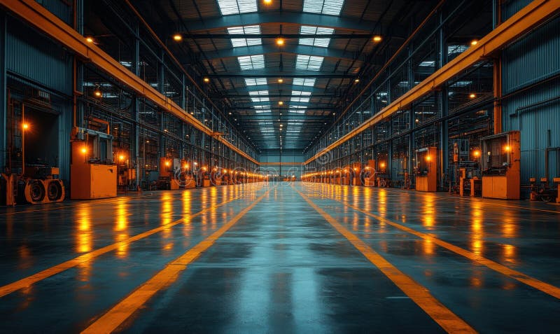 Large Industrial Warehouse Interior with Glowing Lights and Reflective ...