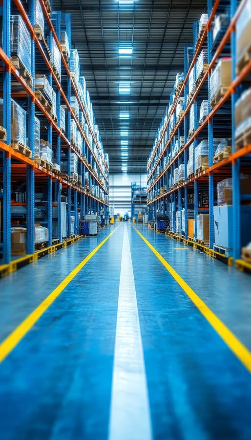 Large Industrial Warehouse Interior with High Racks Full of Boxes, Blue ...