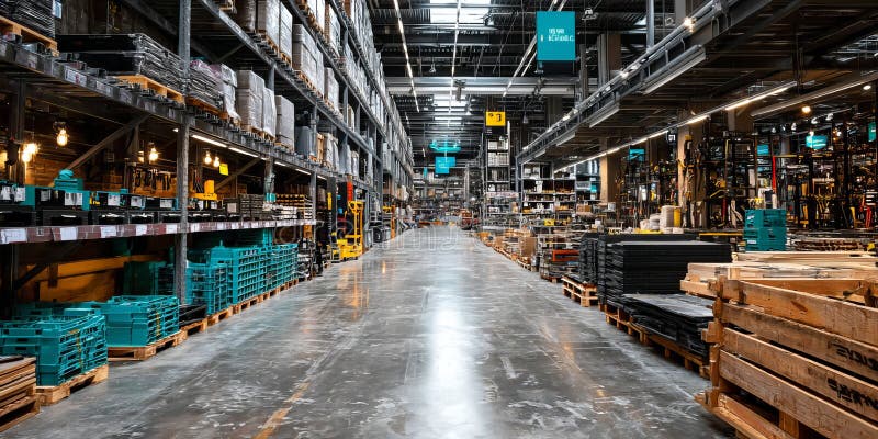 Large Industrial Warehouse with Organized Shelves, Tools, Pallets, and ...