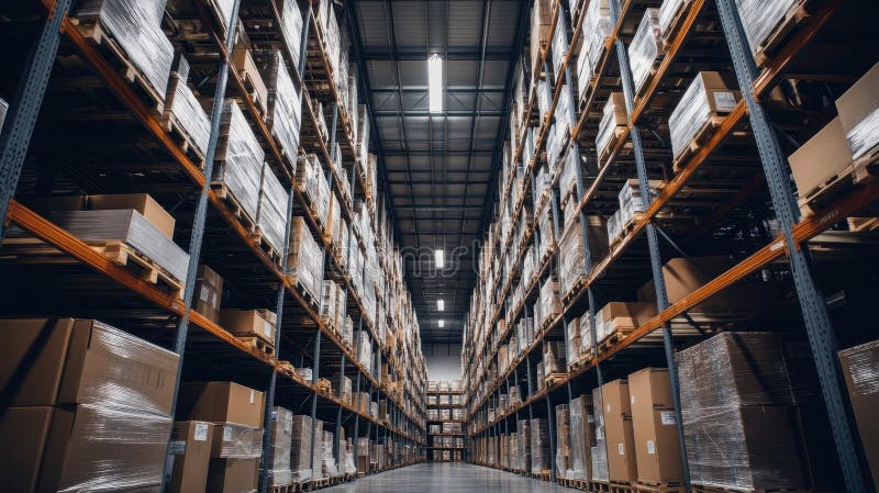 Large Industrial Warehouse with Rows of Shelves Full of Cardboard Boxes ...