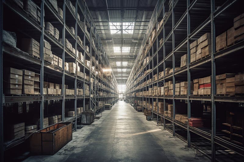Large Industrial Warehouse with Shelves Full of Goods Created by ...