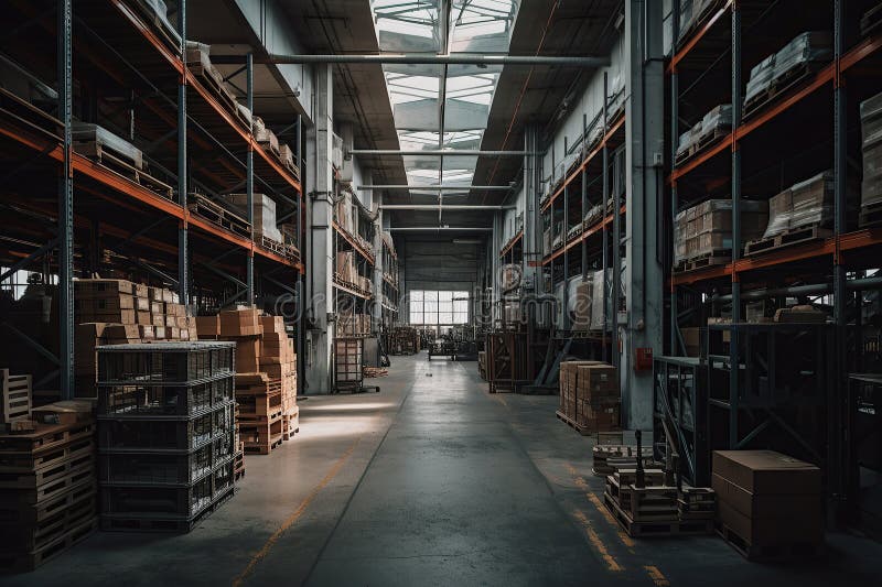 Large Industrial Warehouse with Shelves Full of Goods Created by ...