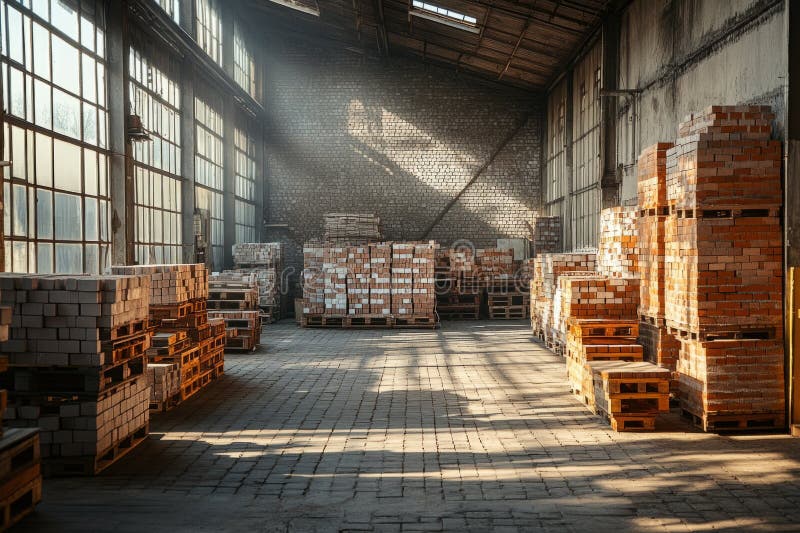 Large Industrial Warehouse with Stacks of Bricks on Pallets, Sunlight ...