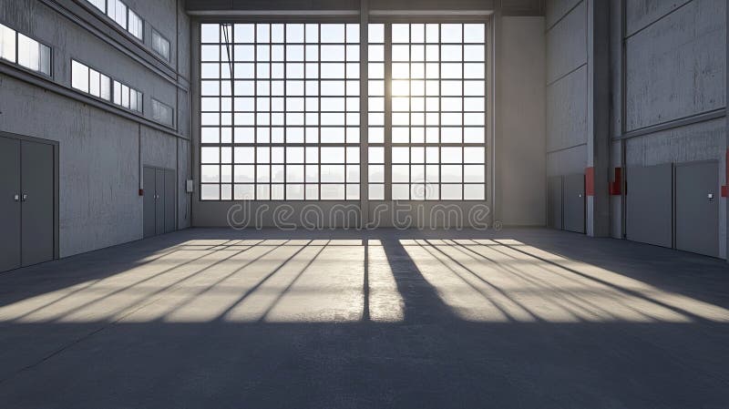 Large Industrial Warehouse with Sunlight Streaming through Windows ...