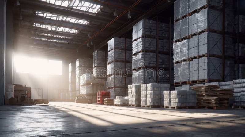 Large Industrial Warehouse. Tall Racks are Completely Filled with Boxes ...