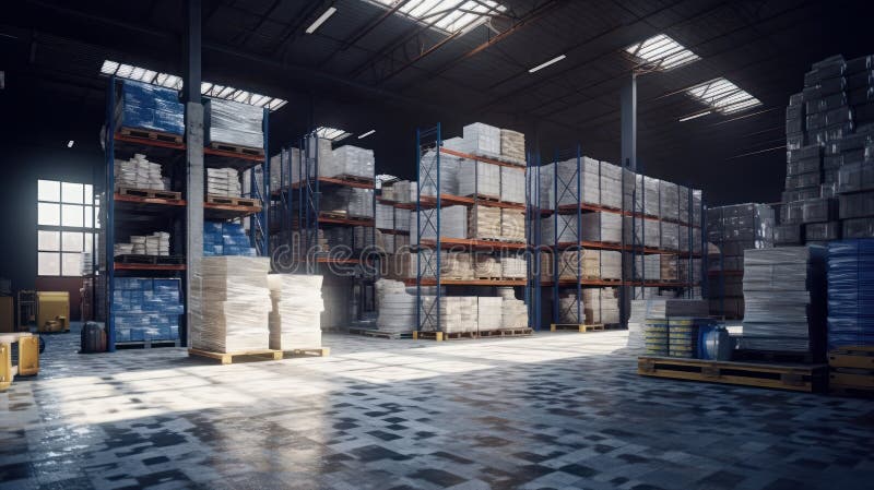 Large Industrial Warehouse. Tall Racks are Completely Filled with Boxes ...