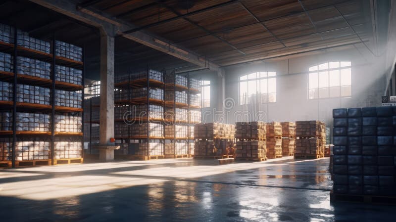 Large Industrial Warehouse. Tall Racks are Completely Filled with Boxes ...