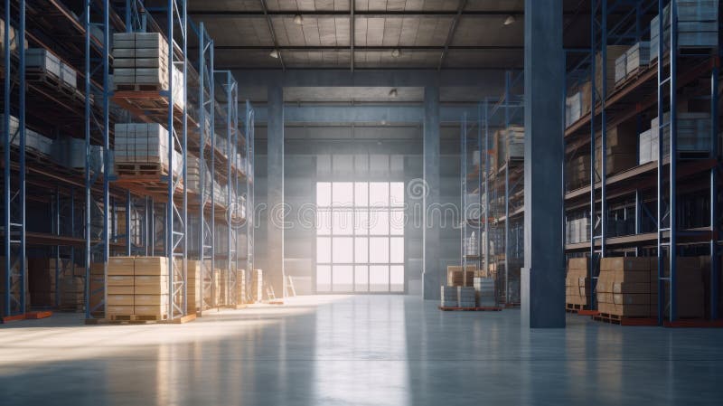 Large Industrial Warehouse. Tall Racks are Completely Filled with Boxes ...