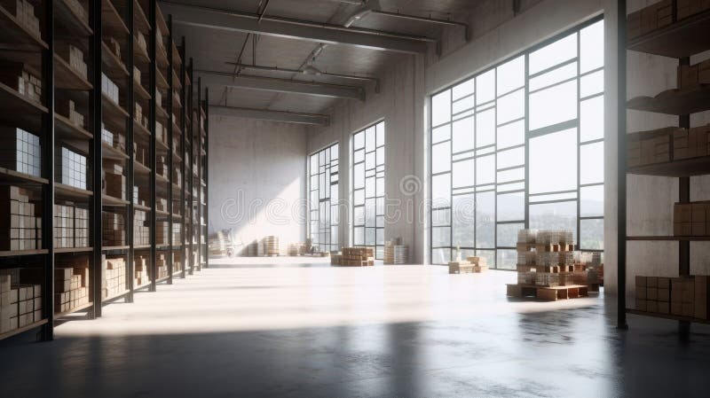 Large Industrial Warehouse. Tall Racks are Completely Filled with Boxes ...