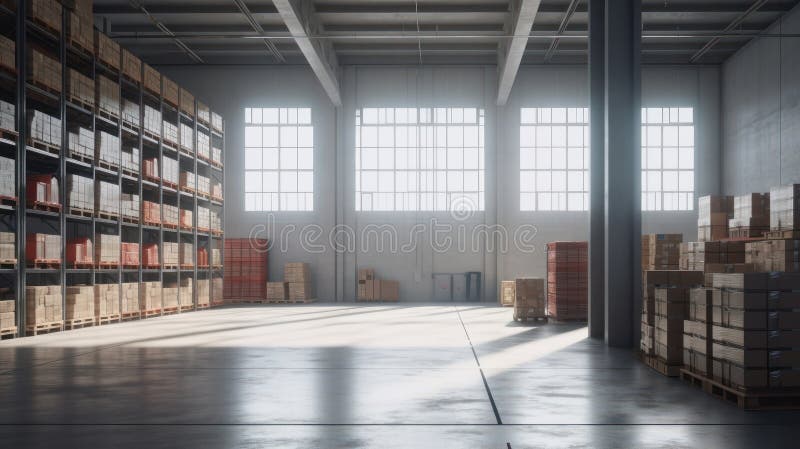 Large Industrial Warehouse. Tall Racks are Completely Filled with Boxes ...