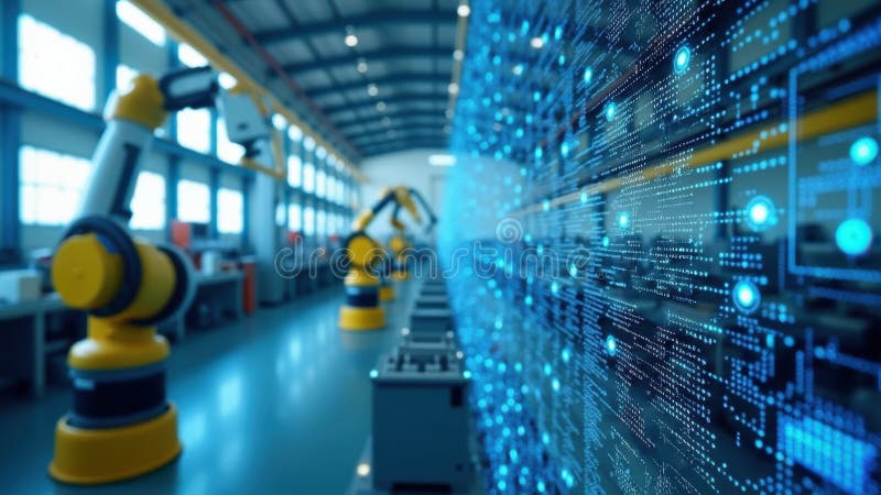 A Large Industrial Workshop Showcases Multiple Robotic Arms Working ...