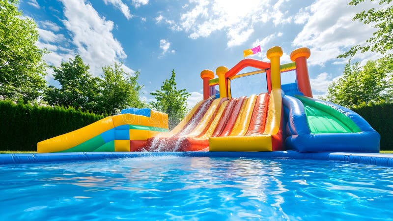 Large Inflatable Water Slide with Pool Set Outdoors Under Sunny Sky ...