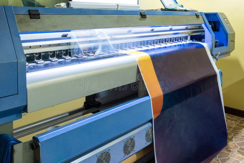 Large Inkjet Printer Head Working on Blue Vinyl Stock Image - Image of ...