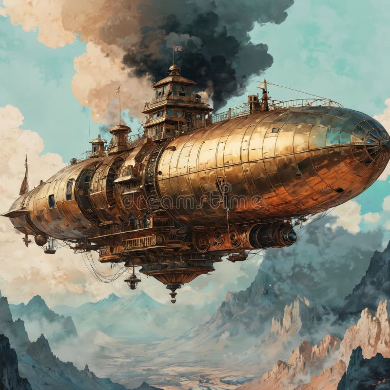 Elegant Steampunk Dirigible Airship Navigating through a Mountainous ...