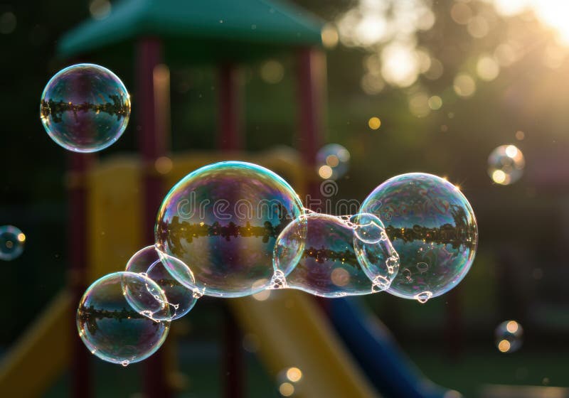 Large, Iridescent Bubbles Float in the Warm Sunlight of a Park Setting ...