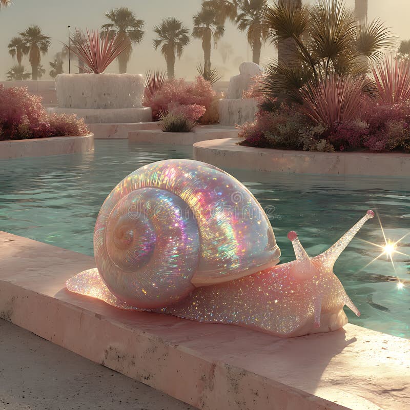 A Large, Iridescent Snail with a Glittering Shell Sits by a Tranquil ...
