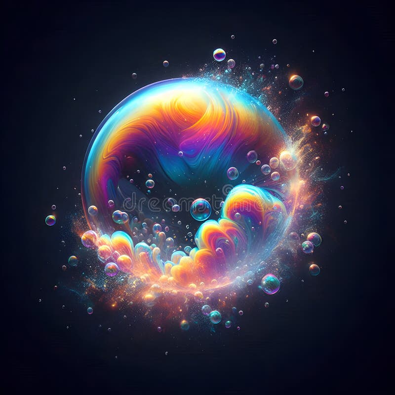Large Iridescent Soap Bubble Exploding with Colorful Particles on Dark ...
