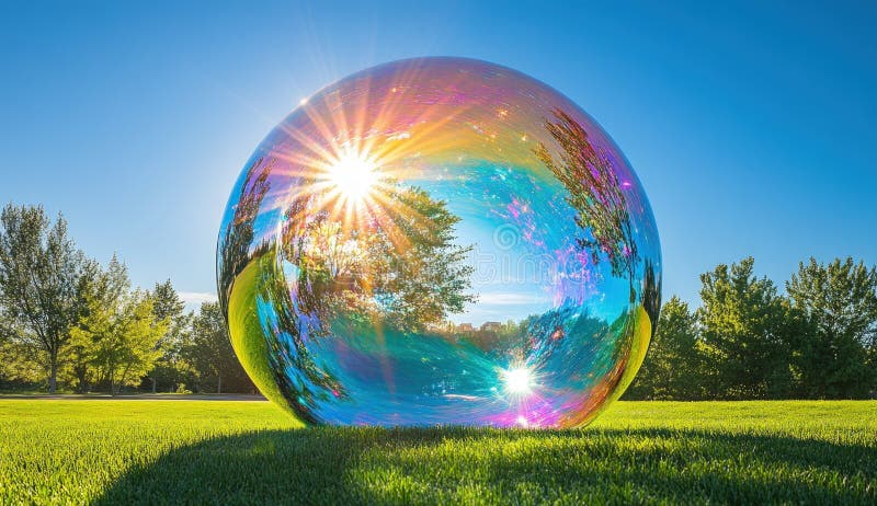 Large Iridescent Sphere Reflecting a Vibrant Landscape and Sun Stock ...