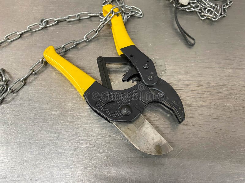 Large Iron Sharp Metal Scissors, Metal Cutters with Chains, Lie on an ...