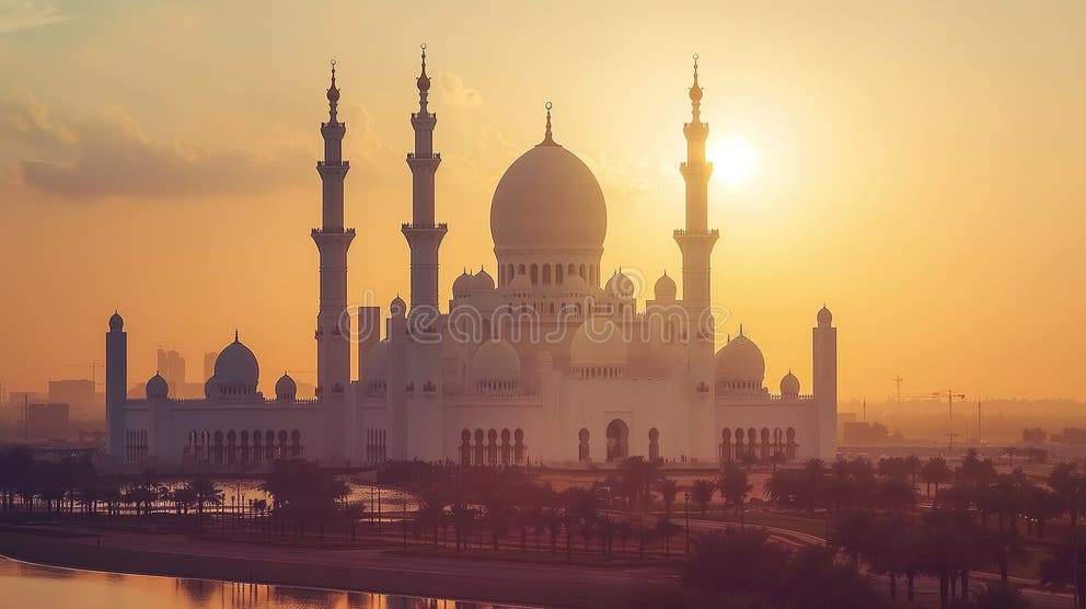 A Large Islamic Mosque at Sunset Stock Illustration - Illustration of ...