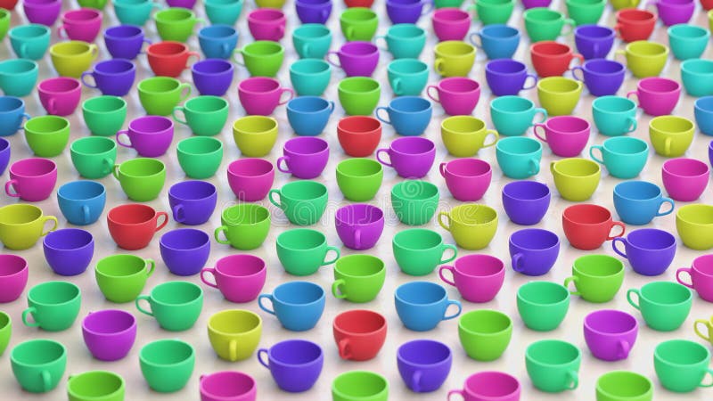 Large Isometric Array of Colorful Coffee Cups on Concrete with Depth of ...