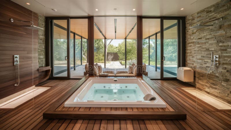 A Large Jacuzzi Tub in a Room with Sliding Glass Doors, AI Stock Image ...