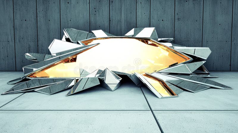 A Large, Jagged, and Reflective Piece of Art is on the Ground Stock ...