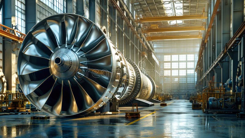 Large Jet Engine Positioned in Factory Workshop Stock Illustration ...