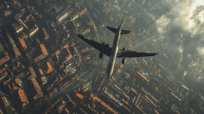 A Large Jet is Flying Over a City with Many Buildings Stock Image ...