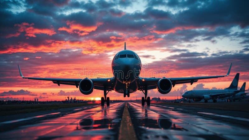 A Large Jet is on the Runway with the Sun Setting in the Background ...