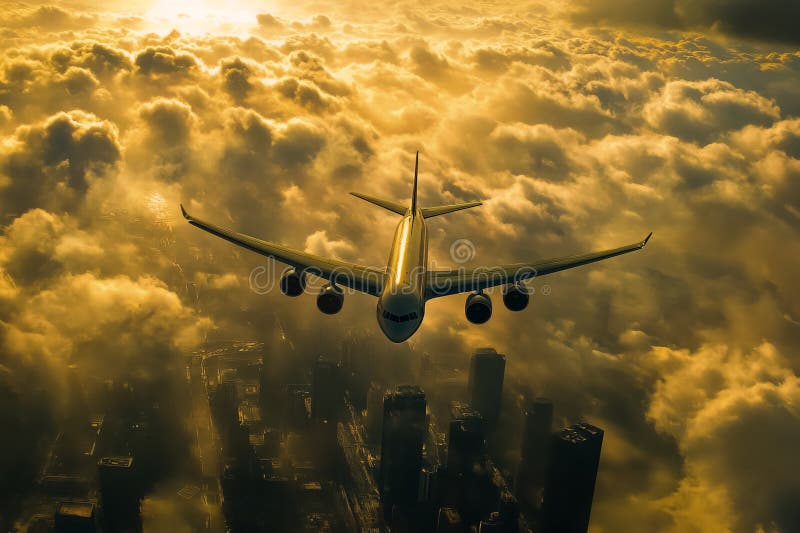 A Large Jetliner Flying Over a City in the Clouds Stock Illustration ...