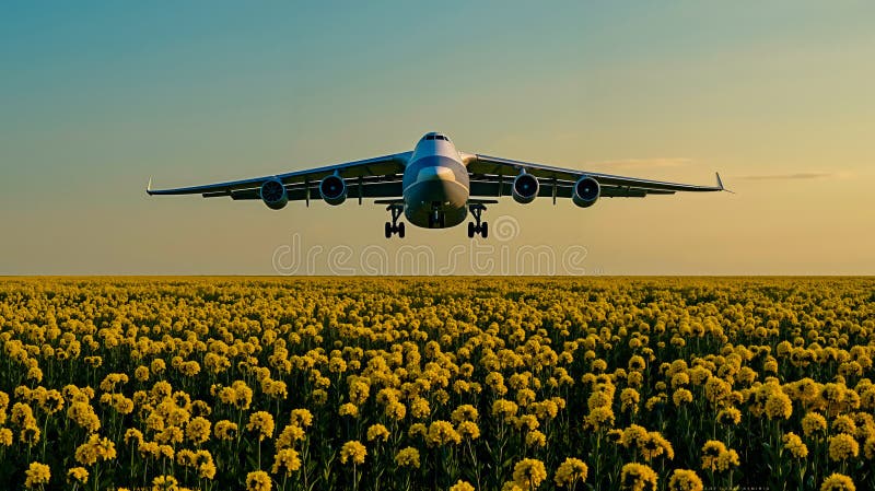 A Large Jetliner Flying Over a Field of Yellow Flowers Stock Photo ...