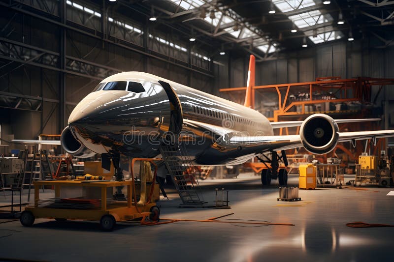 A Commercial Jetliner Parked Inside a Spacious Hangar. AI Generated ...