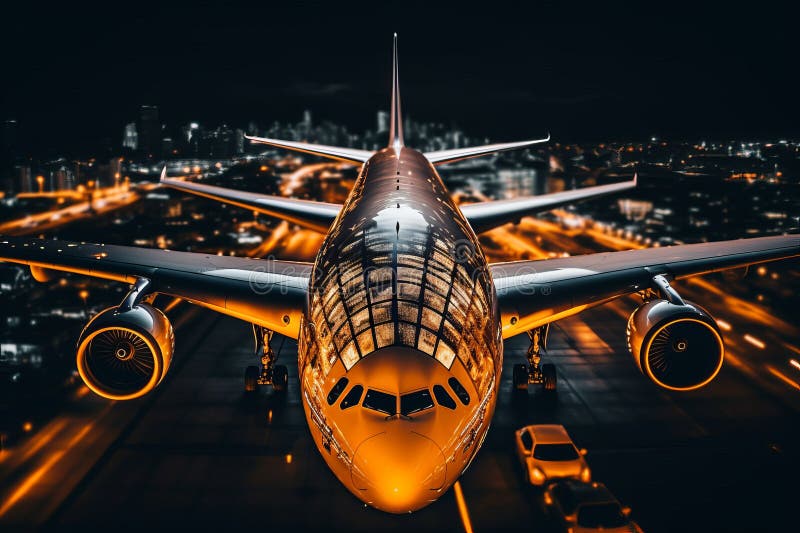 Large Jetliner Sitting on Top of an Airport Runway at Night with Stock ...
