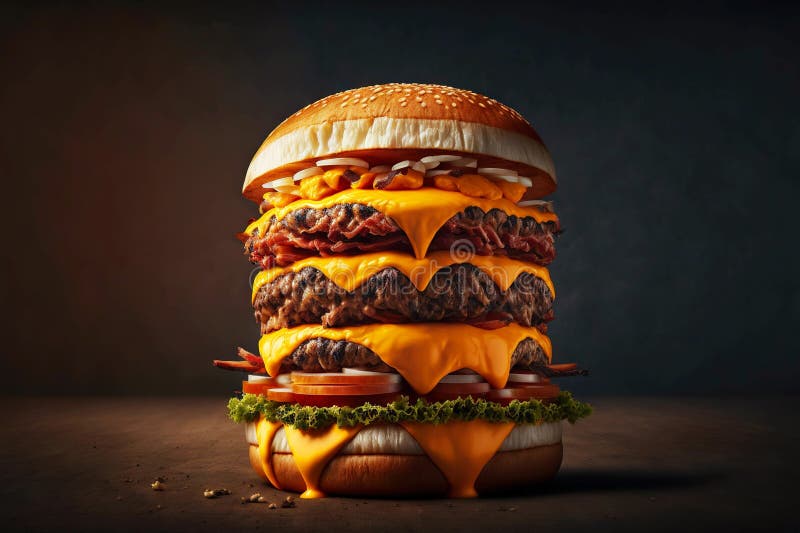 Large Juicy Burger with Three Beef Cutlets and Layers of Melted Cheese ...