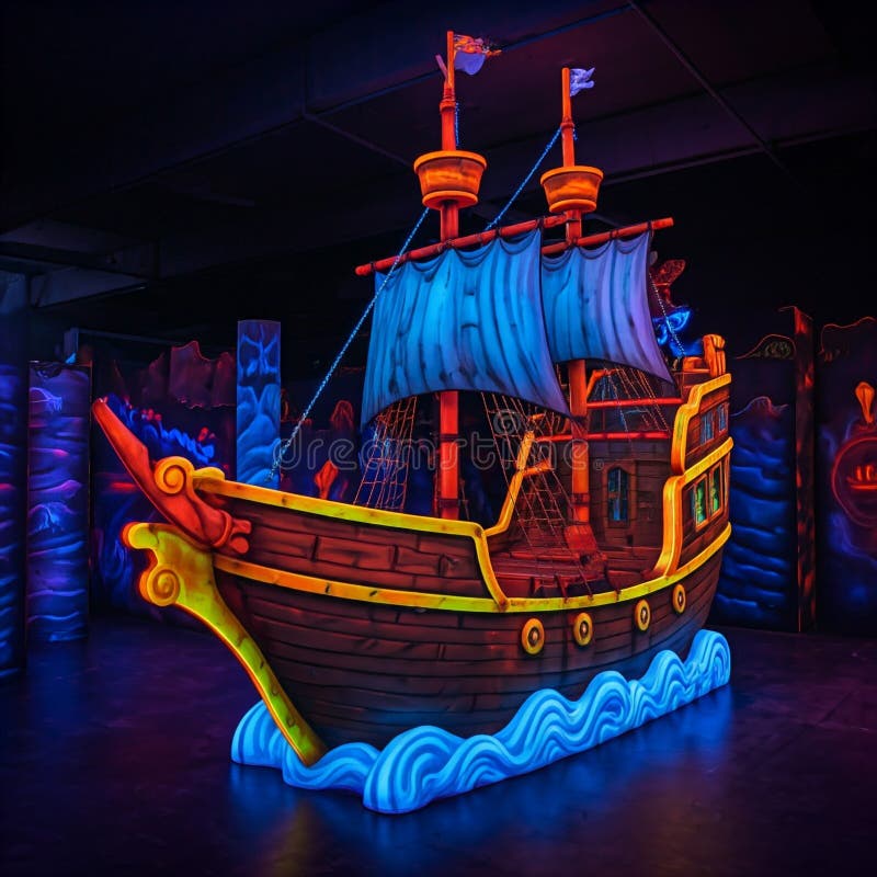 A Large Junk Ship with Waves Arranged Inside the Room Stock ...