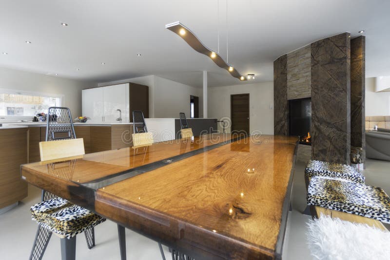 Large Kitchen and Antique Wood Table in Modern Style Stock Photo ...