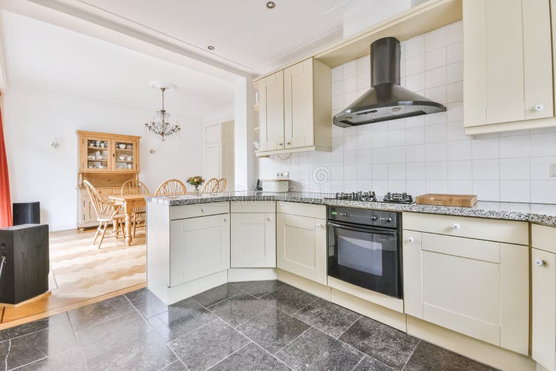 Large Kitchen with Beige Kitchen Unit Stock Image - Image of estate ...