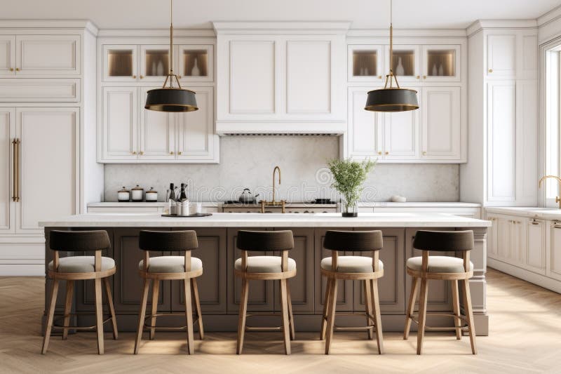 Ai Generated Spacious Kitchen Large Center Island Stylish Bar Stools ...