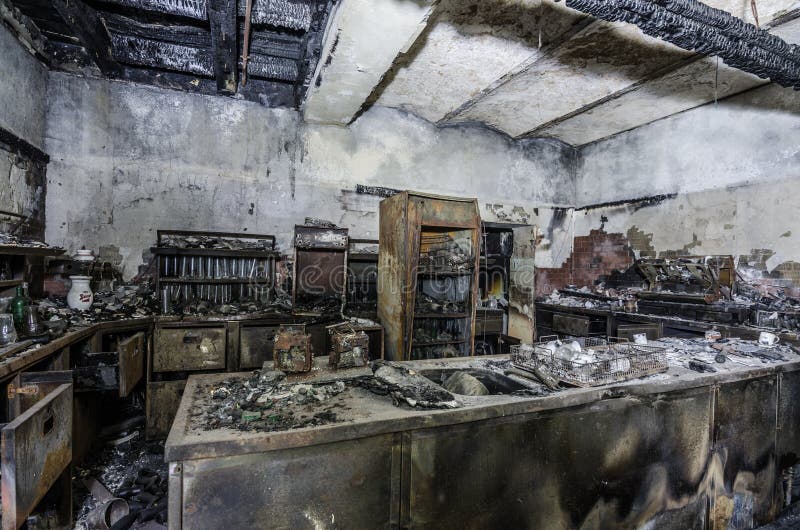 Large kitchen after fire editorial stock photo. Image of urbex - 83895443