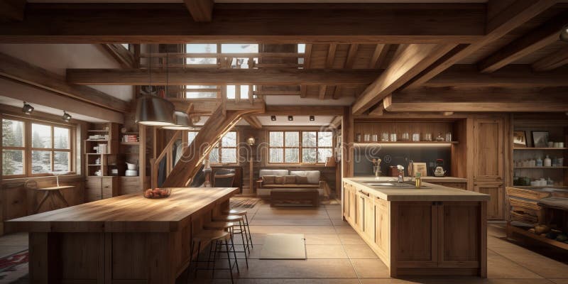 Large Kitchen Interior in Modern Swiss Chalet Stock Illustration ...