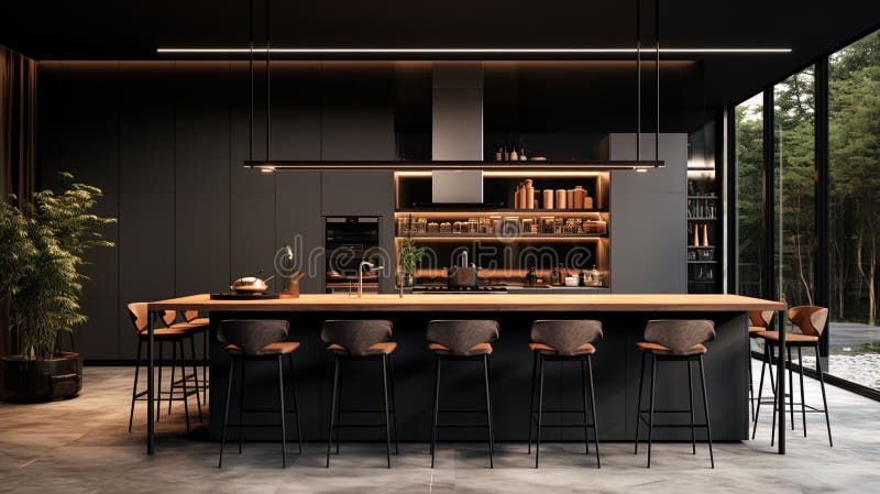 Large Kitchen Island Takes Center Stage in a Modern Kitchen with Black ...