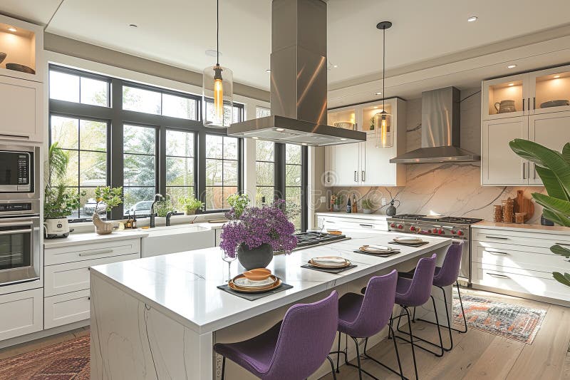 Large Kitchen with a White Island and Purple Chairs, Well-lit and Has a ...