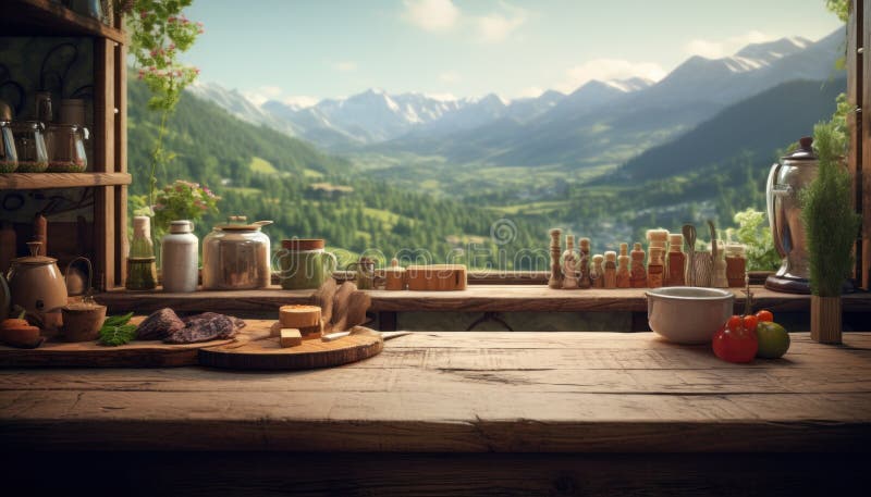 A Large Kitchen with a Wood Table in Front of a View Stock Photo ...