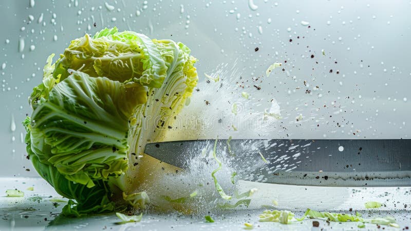 Large Knife Slices Cabbage in Half with Explosive Shredded Cabbage on ...