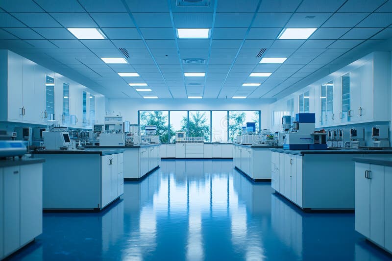 A Large Laboratory with White Cabinets and Blue Flooring Stock Photo ...