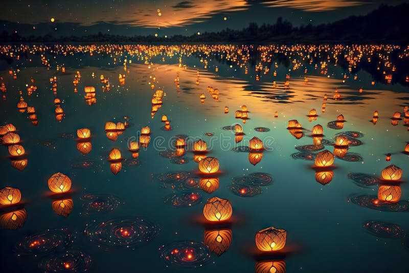 Large Lake with Hundred Floating Asian Lanterns on Surface Stock ...
