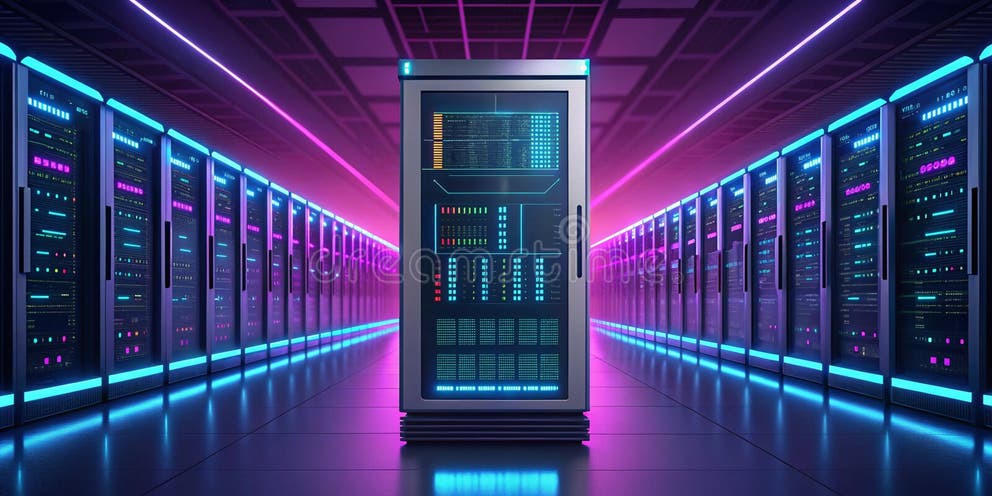 Large Language Model Artificial Intelligence Optimization High Tech Server Room with Glowing ...