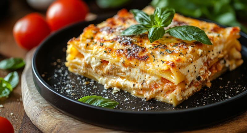 A Large Lasagna with a Basil Leaf on Top Stock Photo - Image of ...