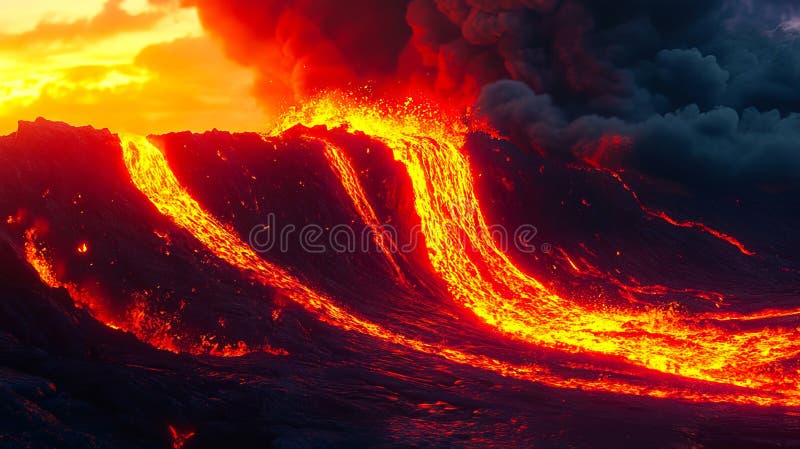 A Large Lava Flow from a Volcano at Sunset Stock Photo - Image of plume ...